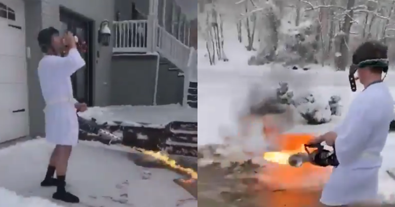 Man Uses Flamethrower To Melt Snow