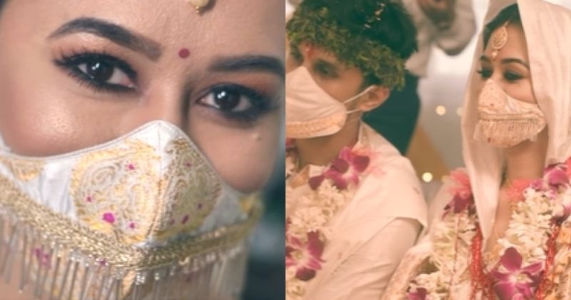 Bride In Assam Adorns A Graceful Silk Handloom Facemask For Wedding