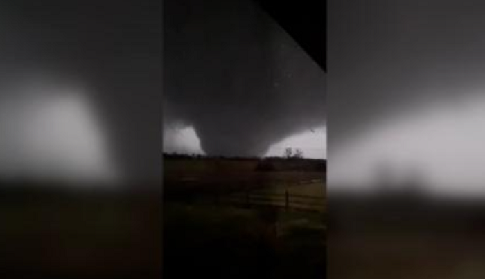 Tornado Illuminated By Lightning Strikes