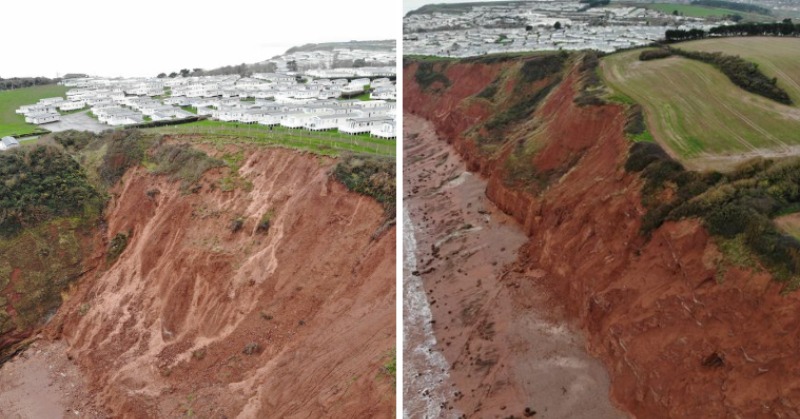 Cliff Breaks Off Due To Landslide Leaving Hundreds Of Caravans On The Edge