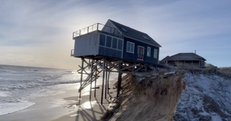 Drone Footage Captures House Nearly Falling Into Ocean After Winter Storm