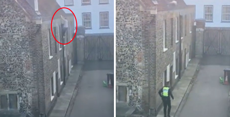 'Cop' Mocked After A Criminal Climbs Up A Wall And Hides