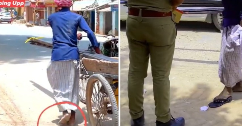 Policeman Gifts Brand New Slippers To Cart Puller Walking Barefoot