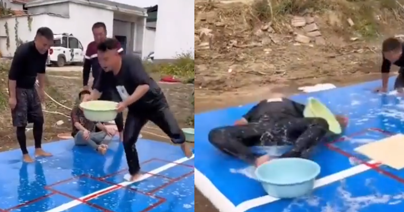 Men Play Stapoo In Soapy Water, Keep Falling