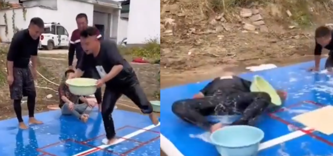 Men Play Stapoo In Soapy Water, Keep Falling