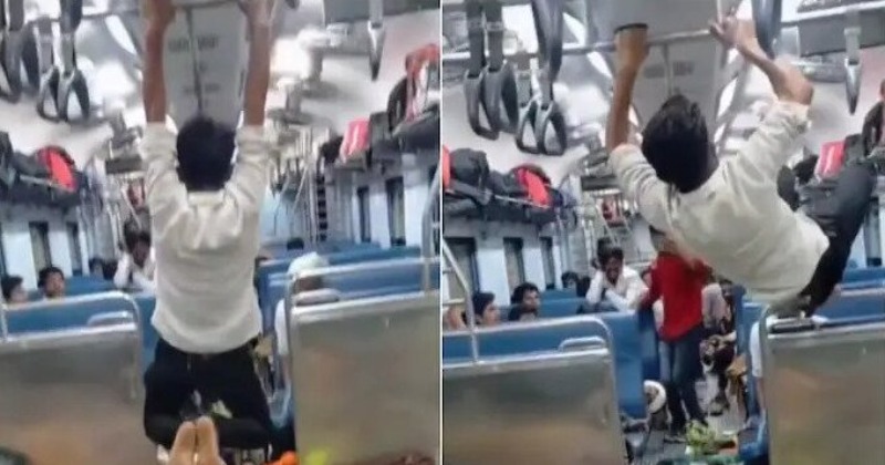 Spiderman! Boy Uses Hand-rests To Swing Across Train Compartment