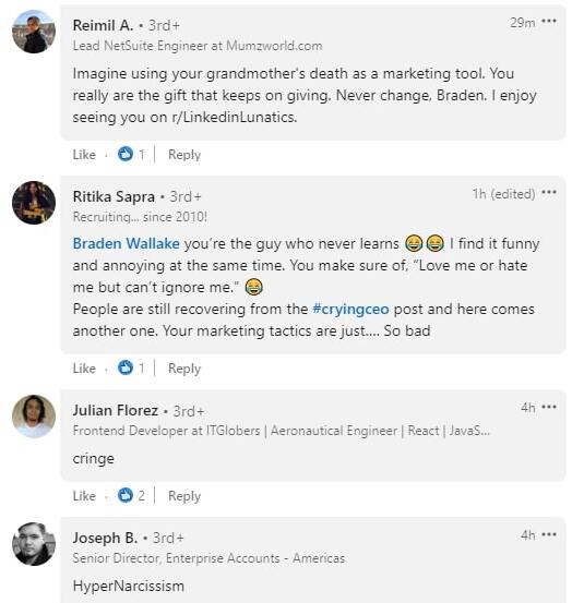 Braden Wallake: CEO Of Hyper Social Criticised For Announcing Grandmother's Death On LinkedIn