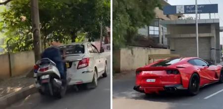 Scooter Rider Gazing At Ferrari And Superbikes Crashes Into A Parked Car