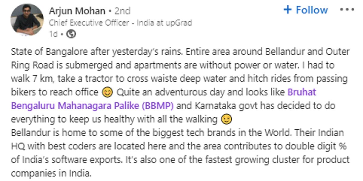 upGrad CEO Travels To Office On A Tractor Amid Bengaluru Floods