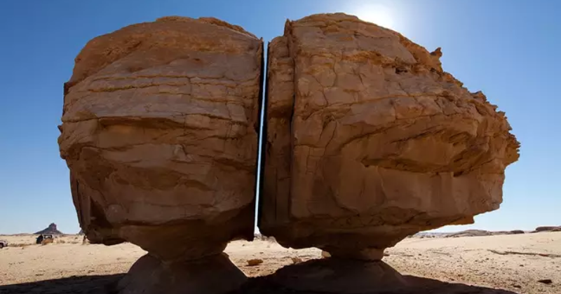 Bizarre Rock Formation With Straight Split In Saudi Arabia
