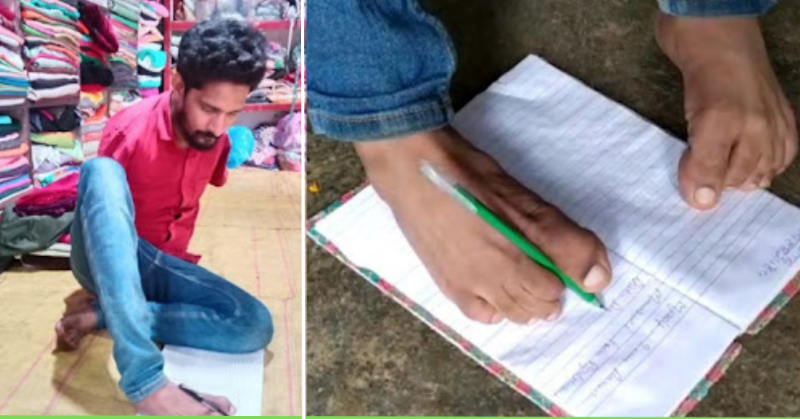 पिता दर्जी, दोनों हाथ नहीं है, पैरों से लिखकर अमीन मंसूरी ने पास किया ...