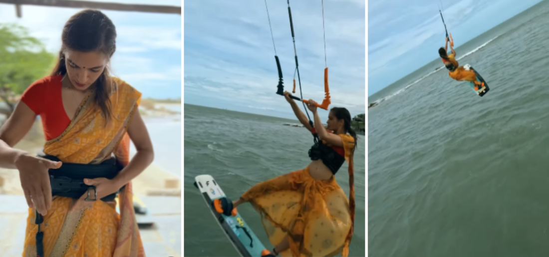 Woman Kiteboards In A Saree