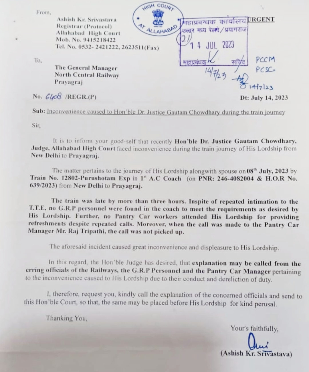 Allahabad HC Judge Seeks Explanation From Railways Over 'His Lordship' Suffering Inconvenience ...