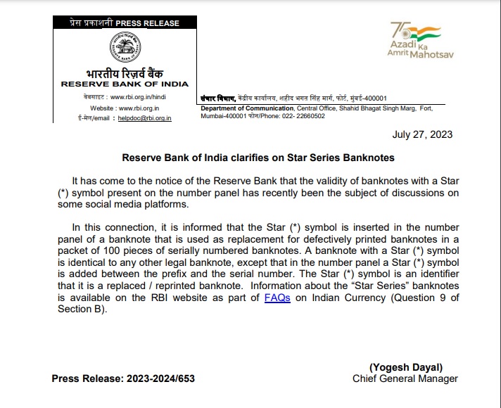 Reserve Bank Of India Clarifies Whether Banknotes With Star Symbol ...