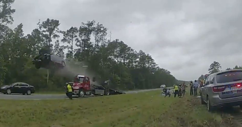 Car Takes Flight Off Tow-Truck Ramp On US Highway