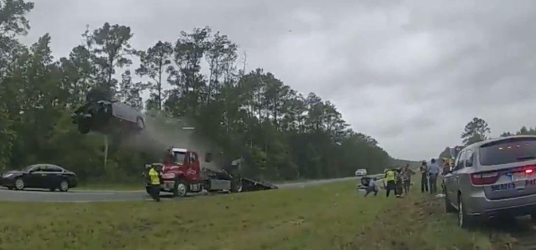 Car Takes Flight Off Tow-Truck Ramp On US Highway