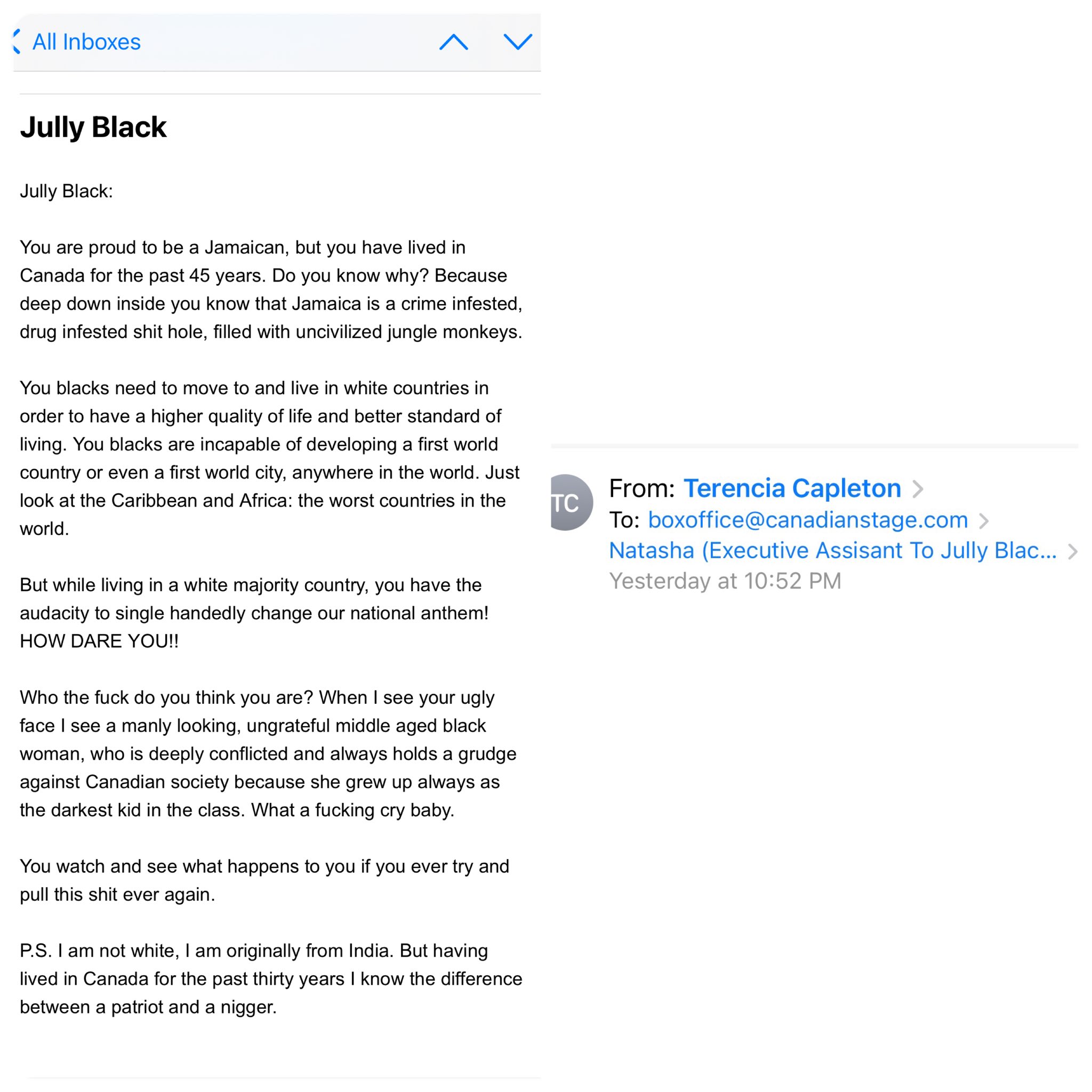 Jully Black Receives Hate Mail From An Alleged Indian-Origin Racist