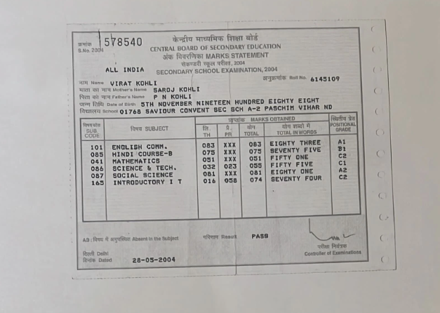 Virat Kohli Shares His Class 10 Mark Sheet