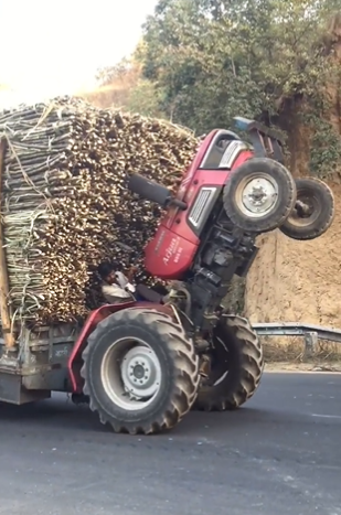 Tractor Moves On Busy Road With Its Front Wheels Up