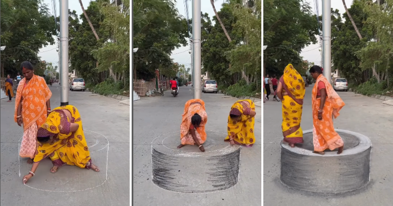 Women Transform Street Corner Into 3D Optical Illusion