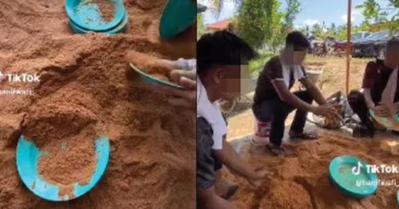 Wedding Guests Wash Utensils With Sand