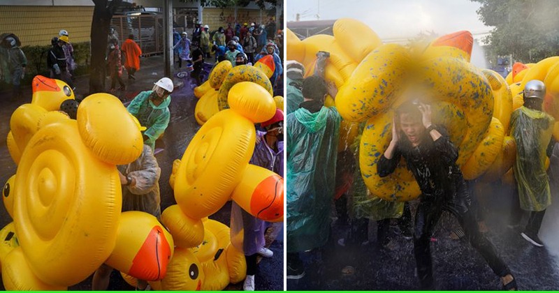 Thai Protests: Inflatable Ducks Used To Shield Against Water Cannons